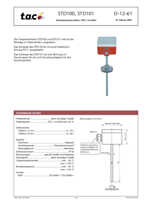 STD100, STD101 Duct temp sensor NTC 1.8 kohm Technische Broschüre ...
