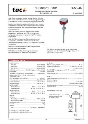 SHD100 Hum. transm f Duct Mount 0-10V/4-20 mA Brochure technique ...