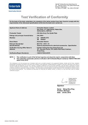Test Verification of Conformity INTERTEK 인증서 | 슈나이더 일렉트릭