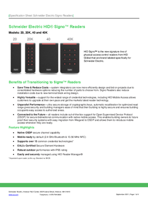 Schneider Electric Hid Signo Reader Specification Sheet Schneider
