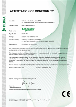 EVA1HPC1 Anti-Tripping Module 1P - CE Certificate - DEKRA | Schneider ...