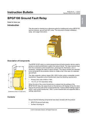 BPGF100 Ground Fault Relay Installation Instructions | Schneider Electric