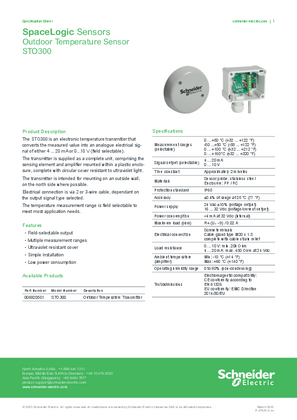SpaceLogic STO300 Outdoor Temperature Transmitter Specification Sheet ...