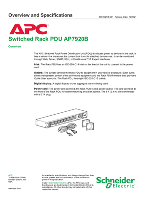 Switched Rack PDU AP7920B Overview and Specifications | Schneider Electric