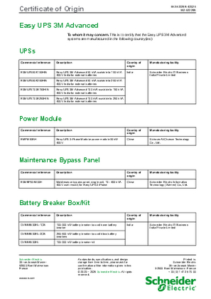 Easy UPS 3M Advanced Certificate of Origin | Descargas Schneider Electric