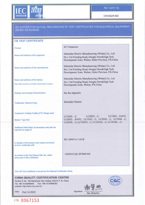 CB_Certificate_TeSys D_LC1D25-38..C&LC2D25-38..C | Schneider Electric