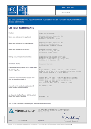 CB_Certificate_TeSys Enclosed motor starter_LE6D Certificado ...