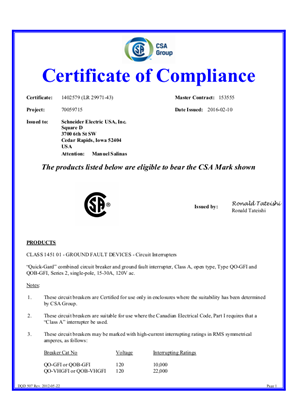 QO(B) Circuit Breakers, Certificate, CSA Zertifikat | Schneider Electric