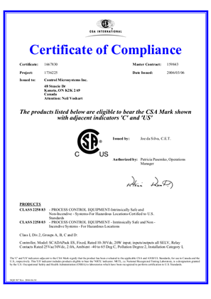 CSA Certificate of Compliance – SCADAPack ES Certificado | Schneider Electric