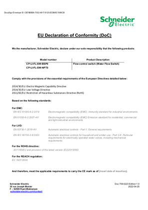EU Declaration of Conformity for CP-LI-FL-SW Water Flow Switch ...