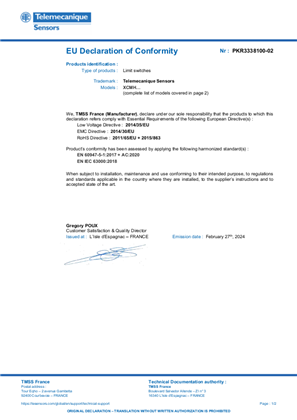 Interrupteurs de position XCMH... - Déclaration UE de conformité Déclaration de conformité ...