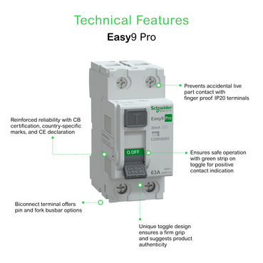 Easy9 Pro RCCB 2P 63A 30mA AC-Type 240V EZ9R39263-Technical Feature ...