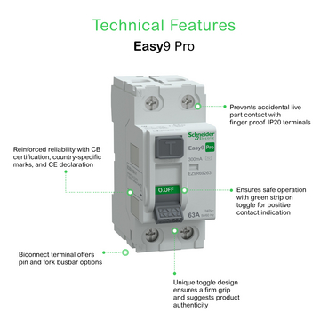 Easy9 Pro RCCB 2P 63A 300mA AC-Type 240V EZ9R69263-Technical Feature ...