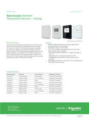 SpaceLogic SLA Series Temperature Sensors, Analog - Specification Sheet ...