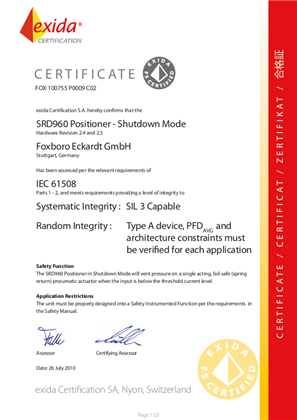 SIL3 Certificate for SRD960 Positioner Certificaat | Schneider Electric