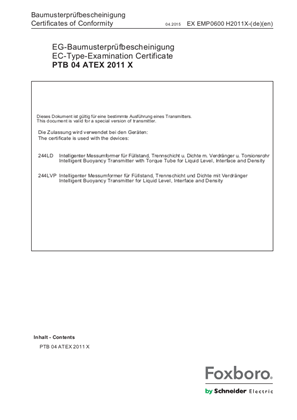 PTB 04 ATEX 2011 X Certificate | Schneider Electric