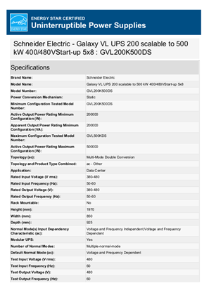 ENERGY STAR Certificate-Galaxy VL | Schneider Electric