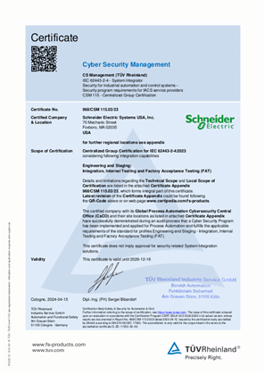 IEC62443-2-4 Certificate PA | Schneider Electric
