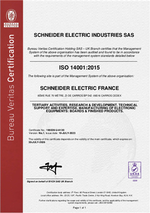 ISO14001 Carros Certificate | Schneider Electric