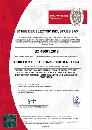 ISO45001 Certificate Italy Saip Schyller Stezzano Plant SMS | Schneider ...