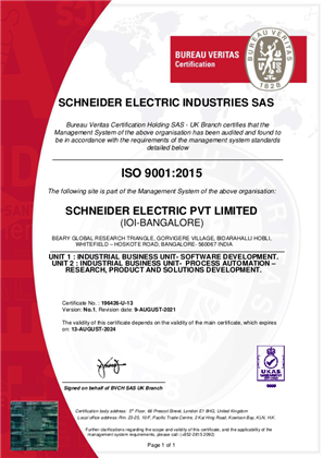 ISO9001 Certificate Industry IOI Bangalore QMS | Schneider Electric
