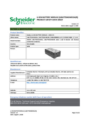 PRODUCT SAFETY DATA SHEET LI-ION BATTERY MODULE (LIBATTSMGMODA/B) Hoja ...