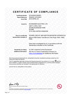 P99x_UL_Certificate_of_Compliance_E364081 Certificado | Schneider Electric