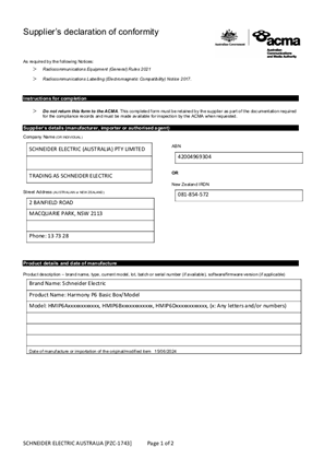 Harmony, HMIP6_Basic, Declaration of Conformity, RCM, Schneider ...