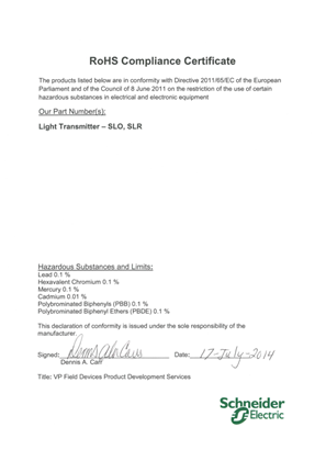 SLO, SLR Outdoor and Room Mount Light Transmitters RoHS Certificate ...