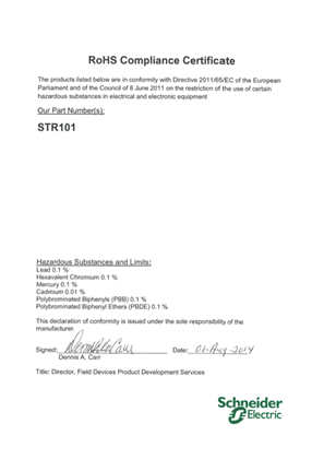 STR101 Series Temperature Sensor RoHS Certificate | Schneider Electric