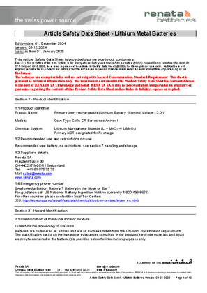 Safety Data Sheet - Lithium Batteries CR Series | Schneider Electric