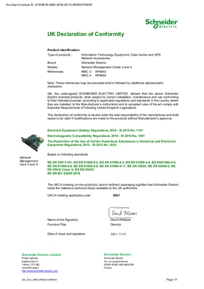 UK Declaration of Conformity: AP9643 / AP9644 Zertifikat | Schneider ...