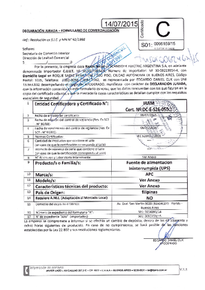 IRAM certificate for APC Smart-UPS C 1000,1500, 2000 VA LCD 230V ...