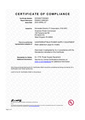 UL Certificate for NEC Smart-UPS 3000VA RM 2U LCD 100V BLACK 認証 ...