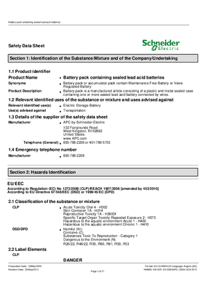 RBC and Battery Pack Safety Data Sheet | Schneider Electric