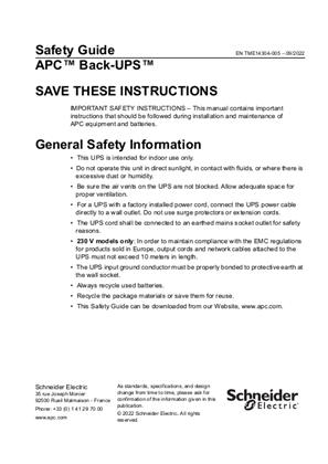 Safety Guide APC Back-UPS | Schneider Electric