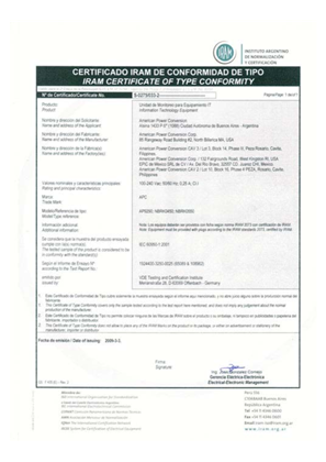 Argentina/IRAM Certificate for the NetBotz Racks AP9290, NBRK0450 ...