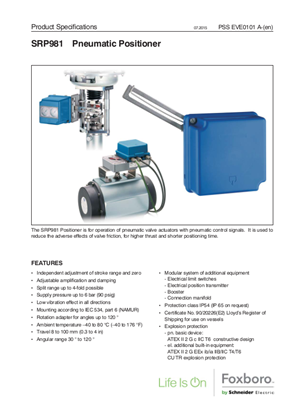 SRP981 Pneumatic Positioner Specification guide | Schneider Electric