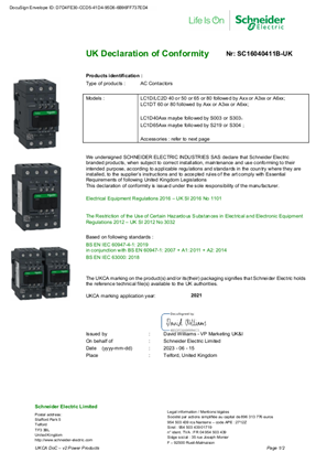UKCA Declaration TeSysD_LC1D40A-80A&LC2D40A-80A&LC1DT60A-80A&LC2DT60A ...