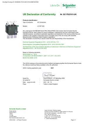 UKCA Declaration TeSys F_LC1SF1200 Declaración de conformidad ...
