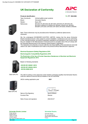 UKCA Declaration of Conformity 992-9398 Declaración de conformidad ...
