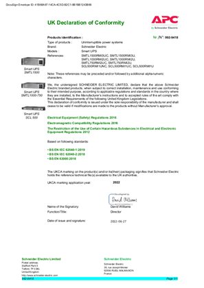 UKCA Declaration of Conformity 992-9418 Declaración de conformidad ...