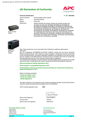 UKCA Declaration of Conformity 992-9420 Declaración de conformidad ...
