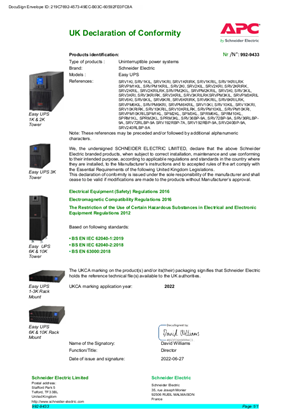 UKCA Declaration of Conformity 992-9433 | APC by Schneider electric