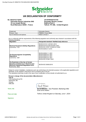 PM8000 Declaration of Conformity UKCA Schneider Electric | Schneider Electric