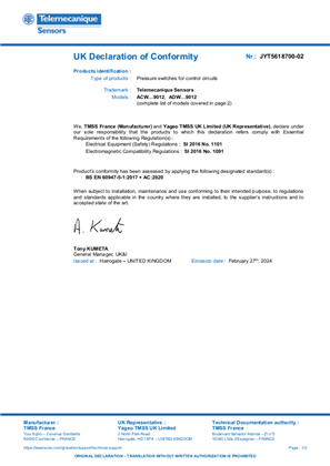ACW... and ADW... pressure and vacuum switches - UK declaration of ...