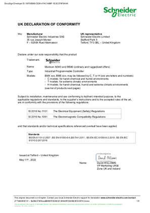 Modicon M580 M340 X80, Declaration of Conformity, UKCA, Schneider ...