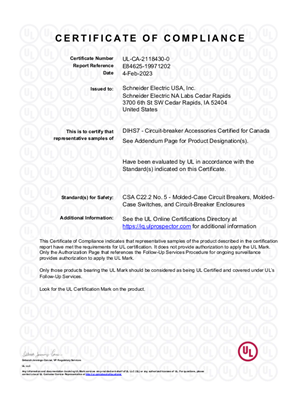 QO and HOM, Circuit Breaker Accessories, UL and CSA Certificate of Compliance, Cert UL-CA ...