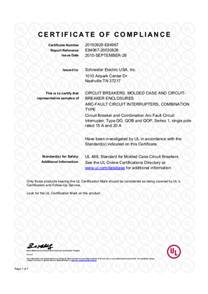 QO(B) Circuit Breakers, Certificate, UL Zertifikat | Schneider Electric