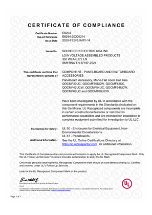 QO Standard Load Centers, Certificate, UL Zertifikat | Schneider Electric